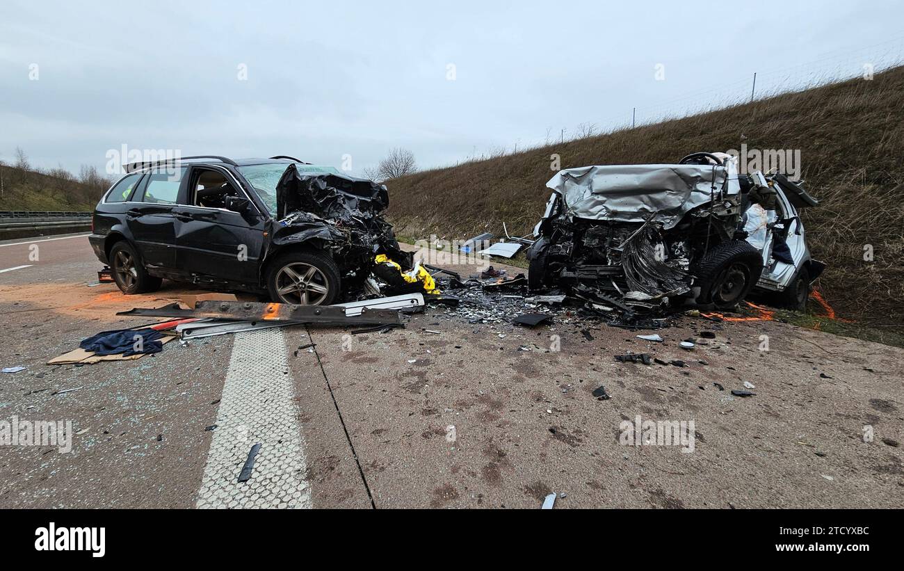 15 December 2023, Saxony-Anhalt, Querfurt: Destroyed vehicles on the ...