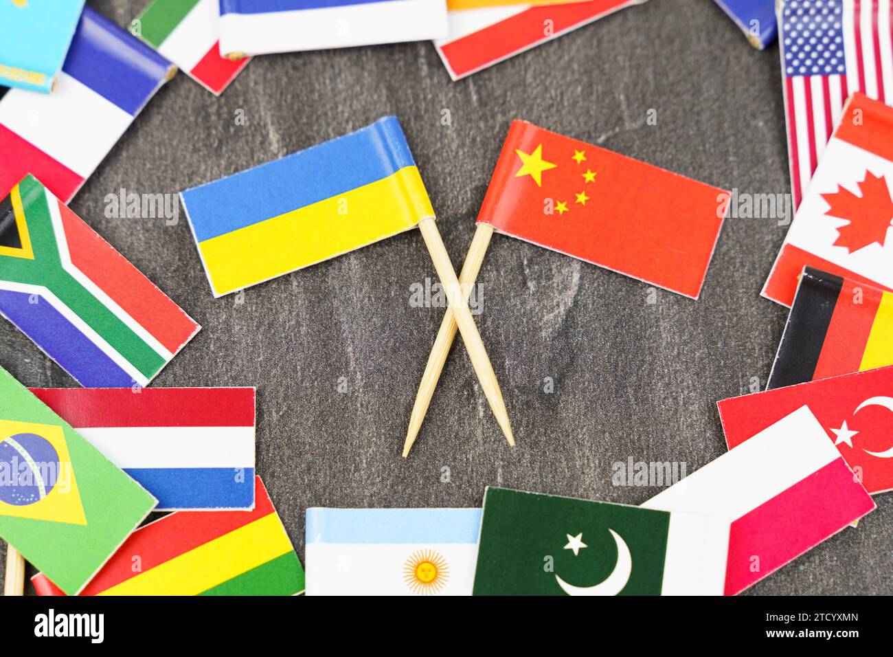 Policy. National flags of different countries. The concept is diplomacy ...