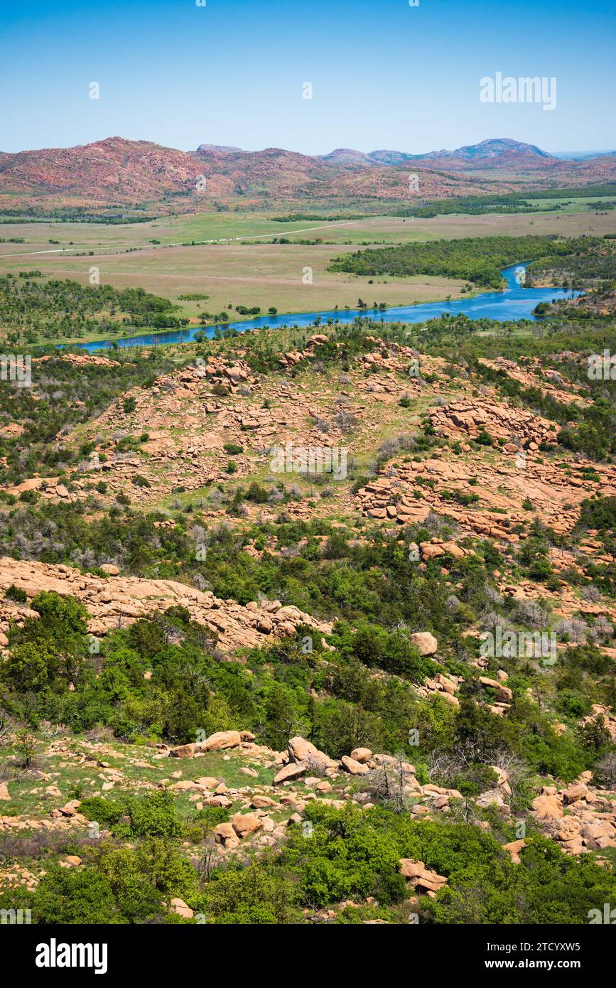 An Overlook of a River and Hills at Wichita Mountains National Wildlife ...
