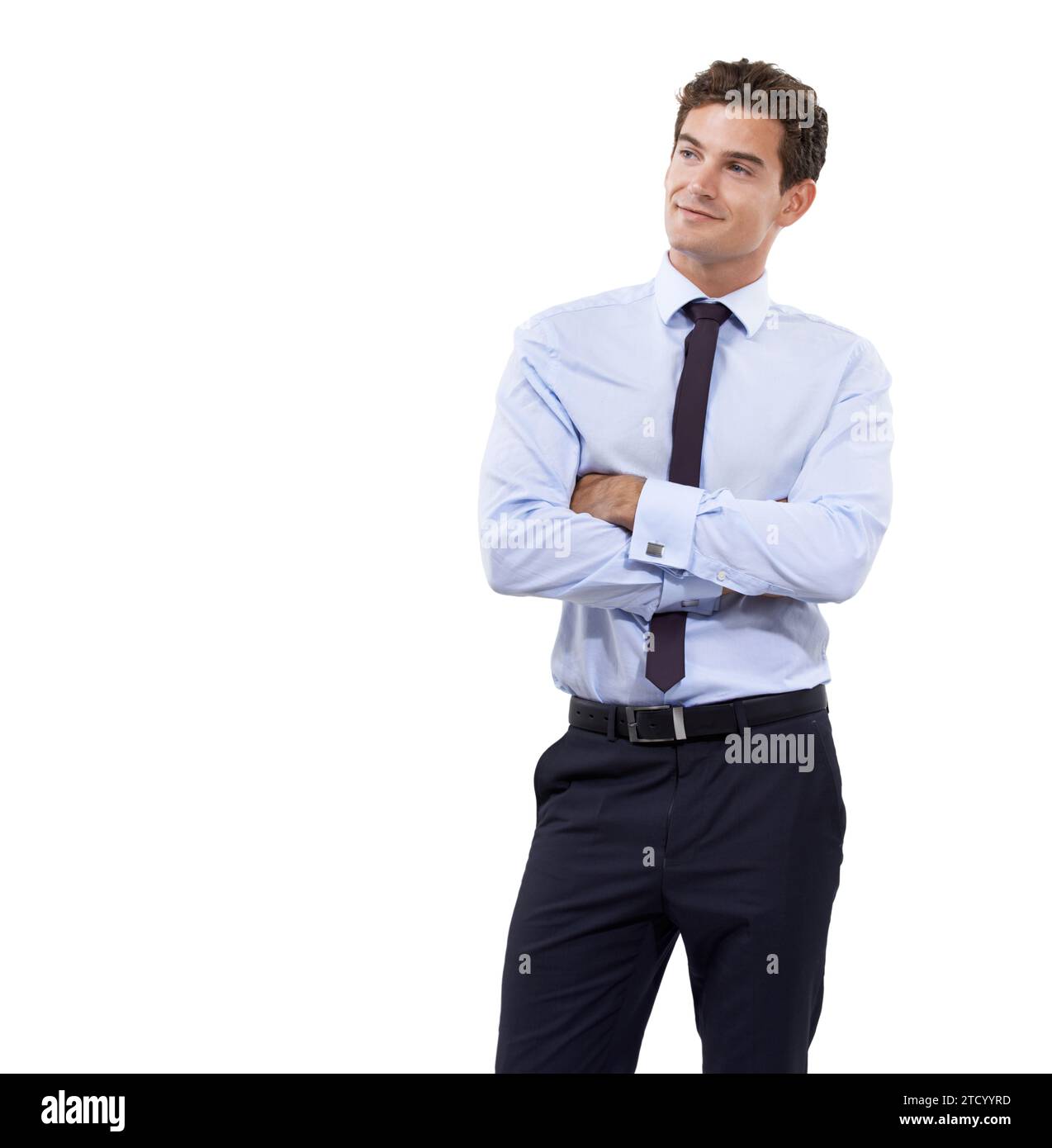 Arms crossed, thinking and business with man, planning and employee ...