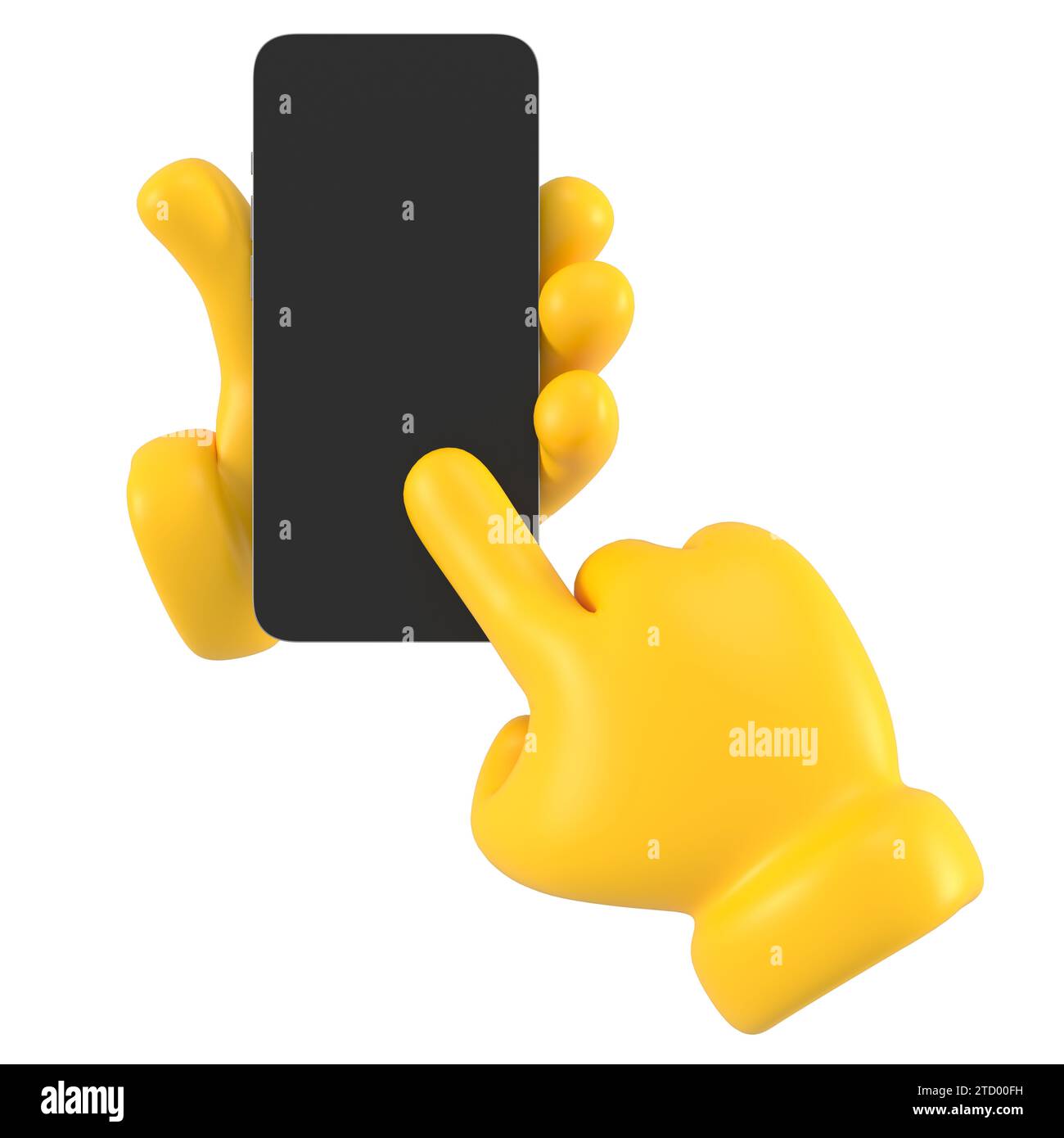 Yellow emoji hand holding and tapping smartphone black screen. Isolated ...