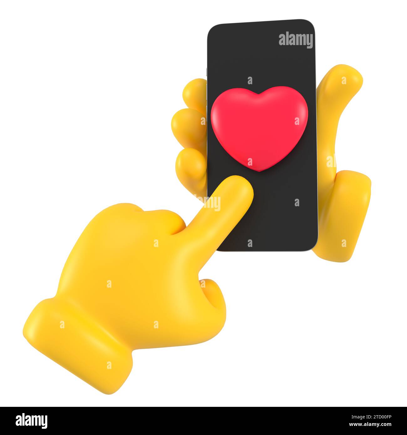 Yellow emoji hand holding and tapping shape of heart on screen. Using ...