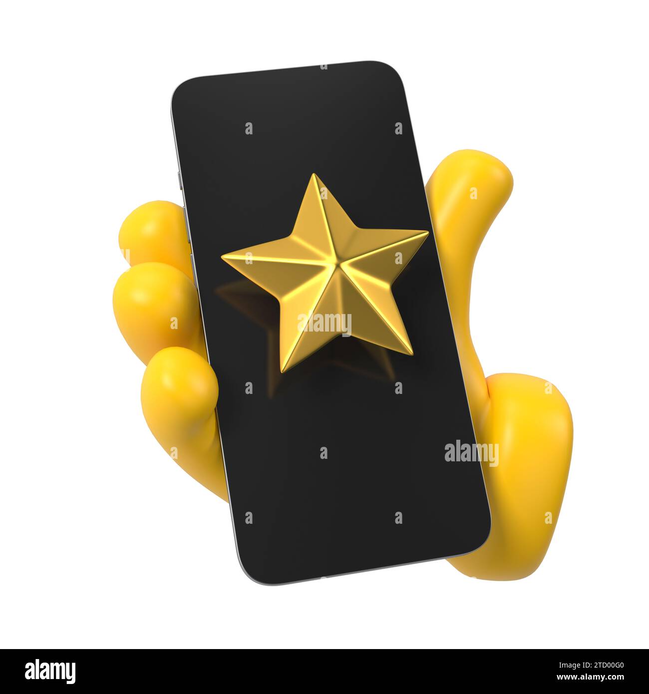 Yellow emoji hand holding smartphone with star on screen. Isolated ...