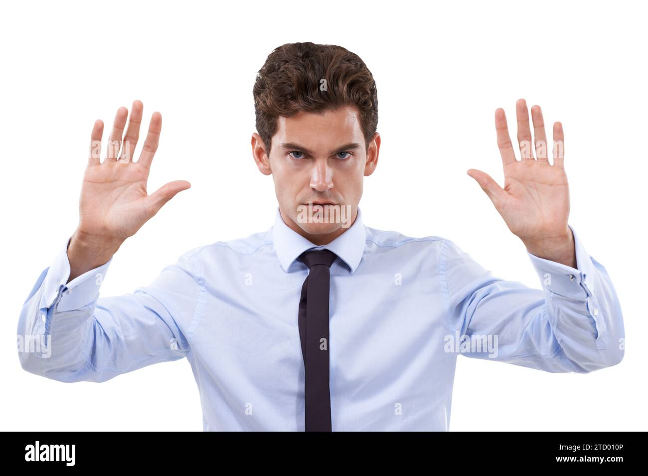 Businessman, hand and stop in studio portrait with forbidden warning ...