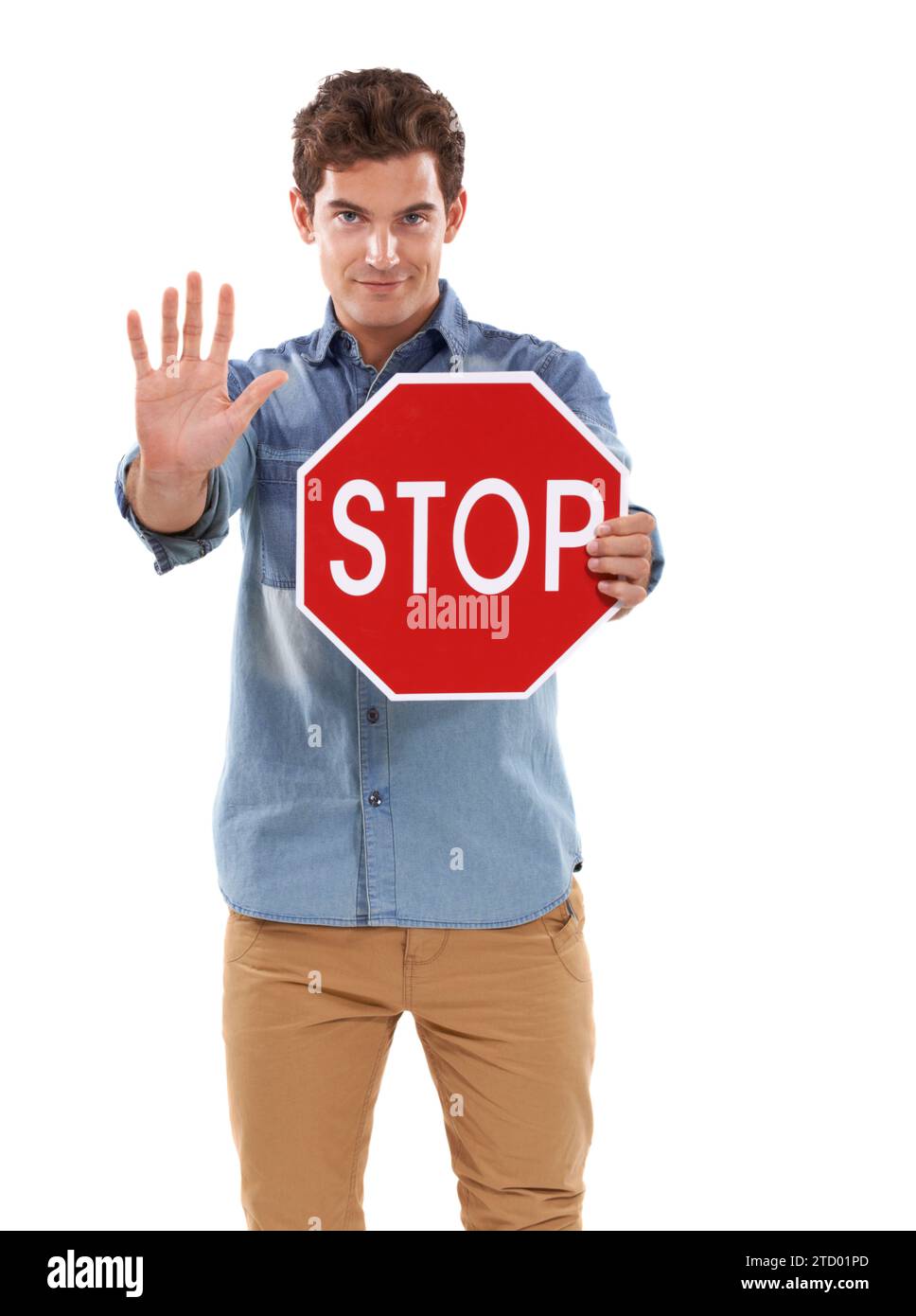 Portrait, man and traffic stop sign, hand and studio isolated on a ...