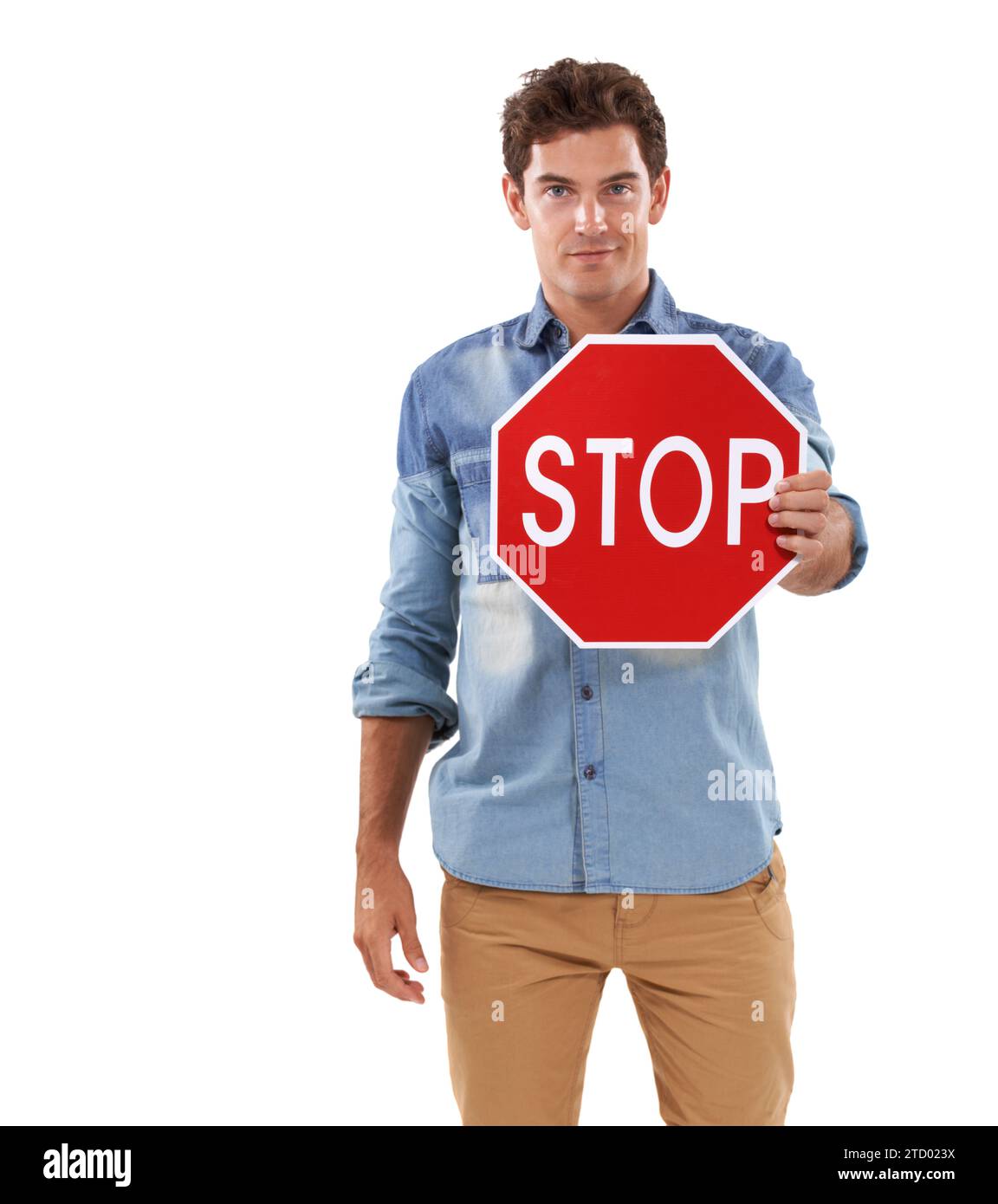 Portrait, man and traffic stop sign in studio isolated on a white ...