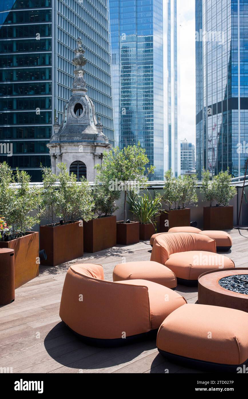A break out lounge rooftop space of an office in central London with ...