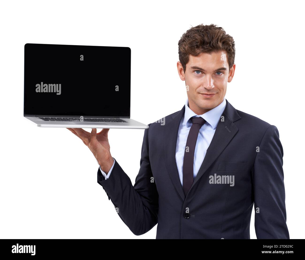 Business man, laptop screen and portrait in studio for presentation ...