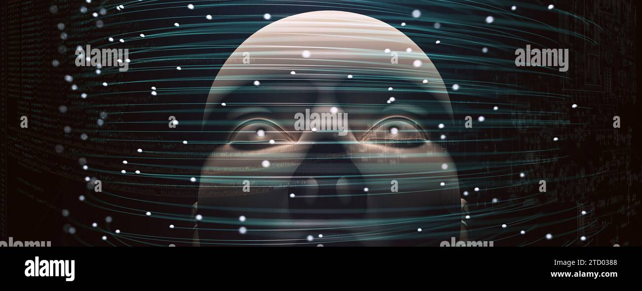 Artificial intelligence and cyborg concept with face and net. 3d ...