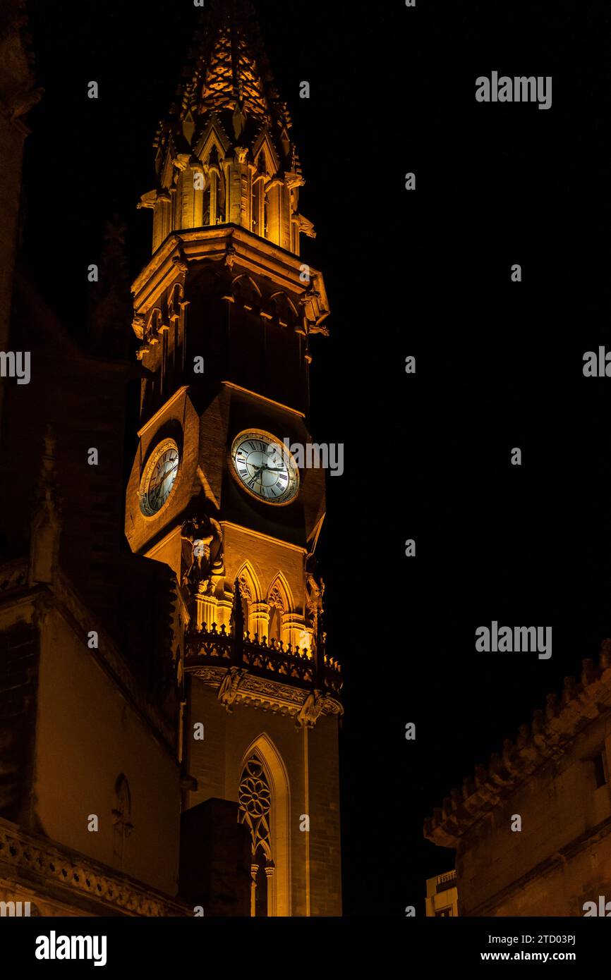 Night view of the clock tower of the parish church in the Majorcan town ...