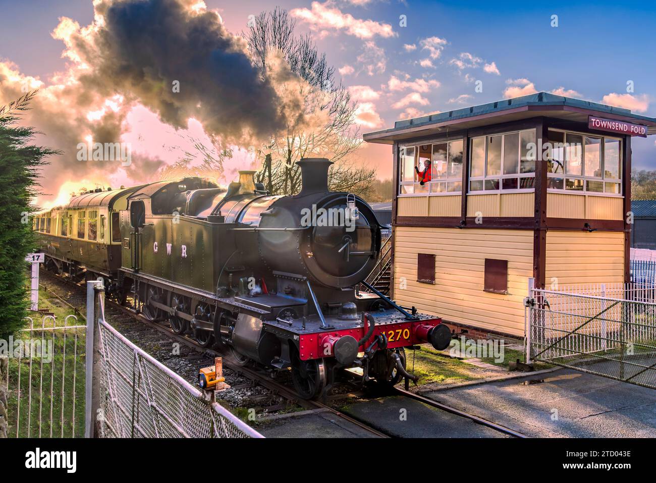 GWR tank engine on the East Lancashire railway at Townsend Fold signal ...