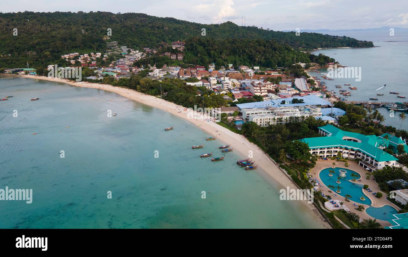 In an aerial view people walk on Loh Dalum beach on Phi Phi Island ...