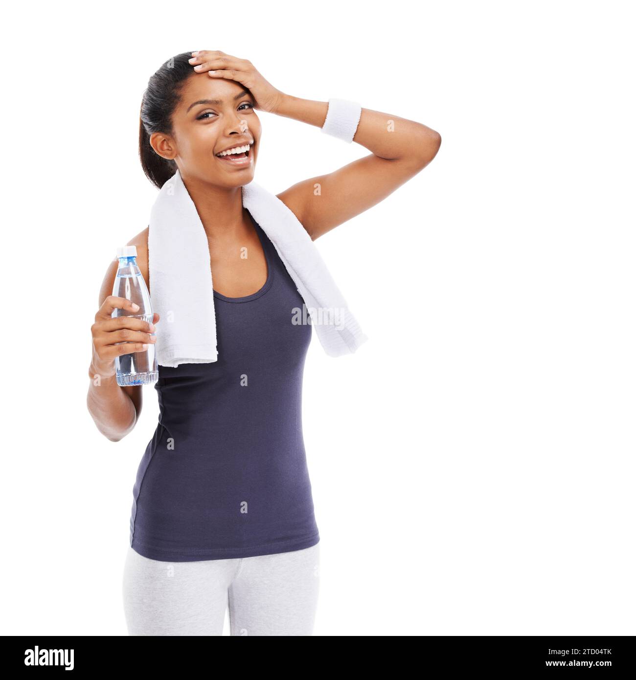 Woman, water bottle and fitness in portrait for hydration, studio and ...