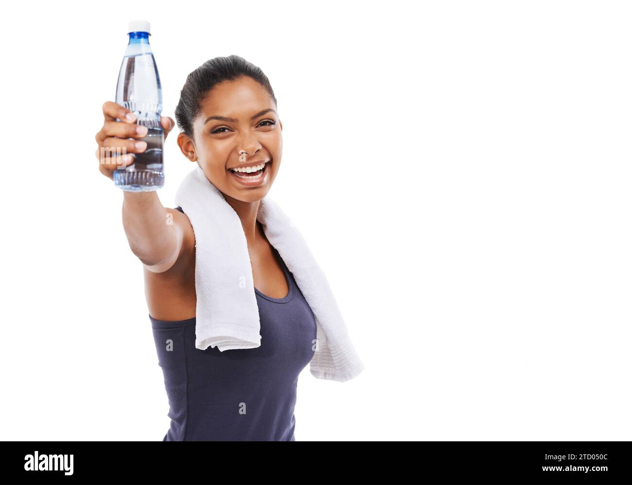 Woman, water bottle and smile in portrait for hydration, studio and ...
