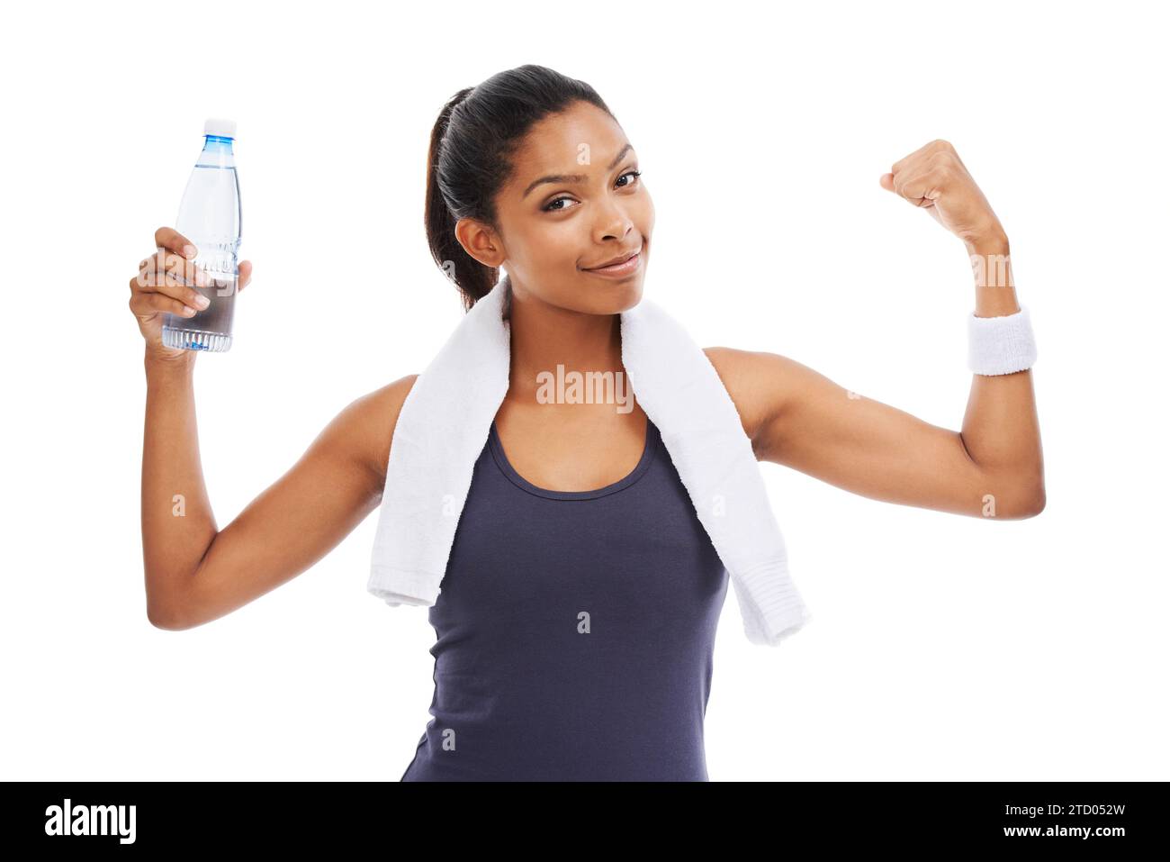 Woman, flexing muscles and water in portrait, studio and liquid for ...
