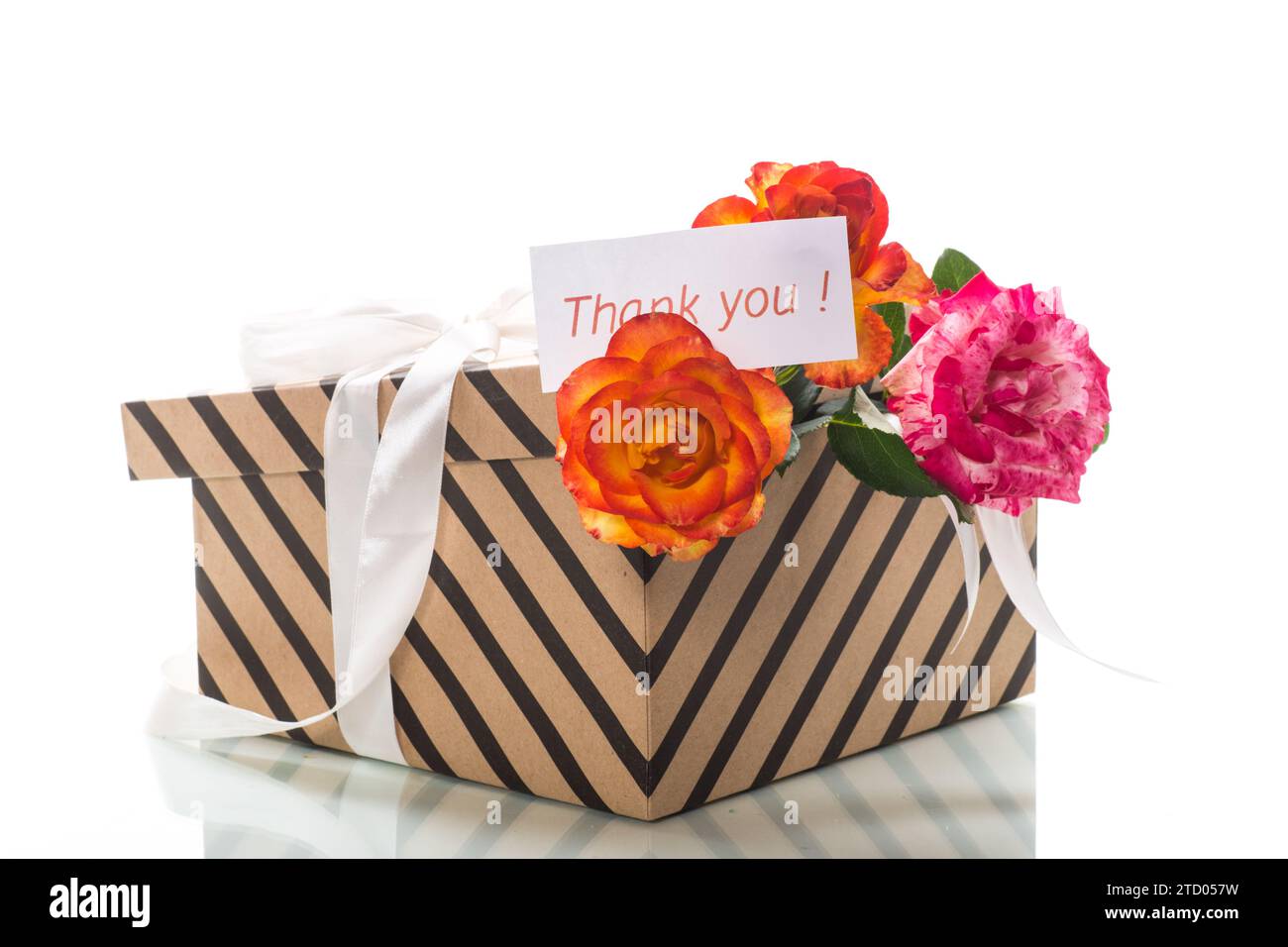 gift box with ribbons and beautiful roses inside, isolated on a white ...