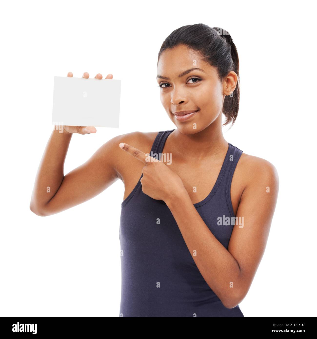 Blank, card and portrait of woman pointing to advertising, poster or mock up space in white ...