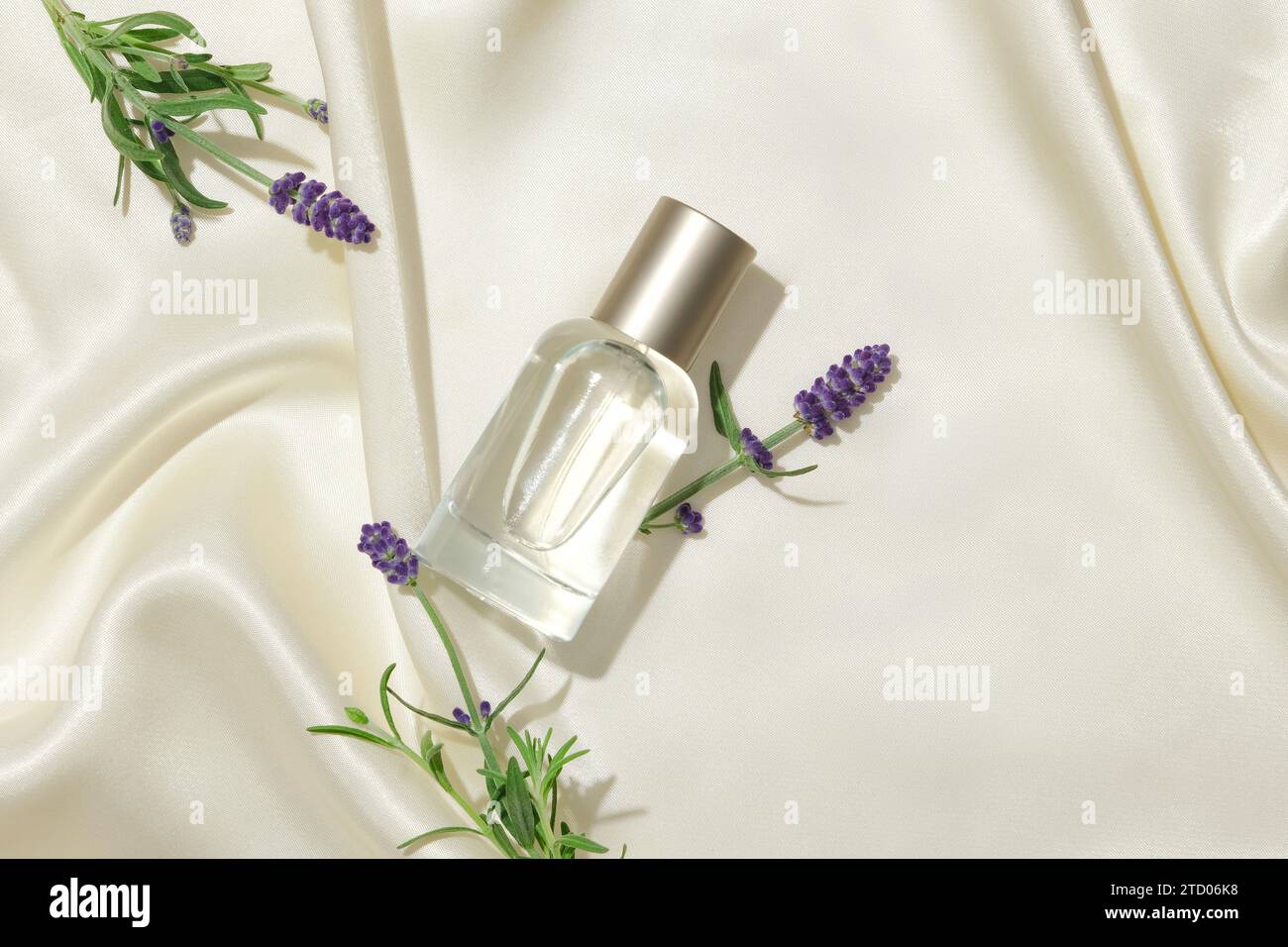 A bottle of unbranded perfume and fresh lavender flowers are placed on ...