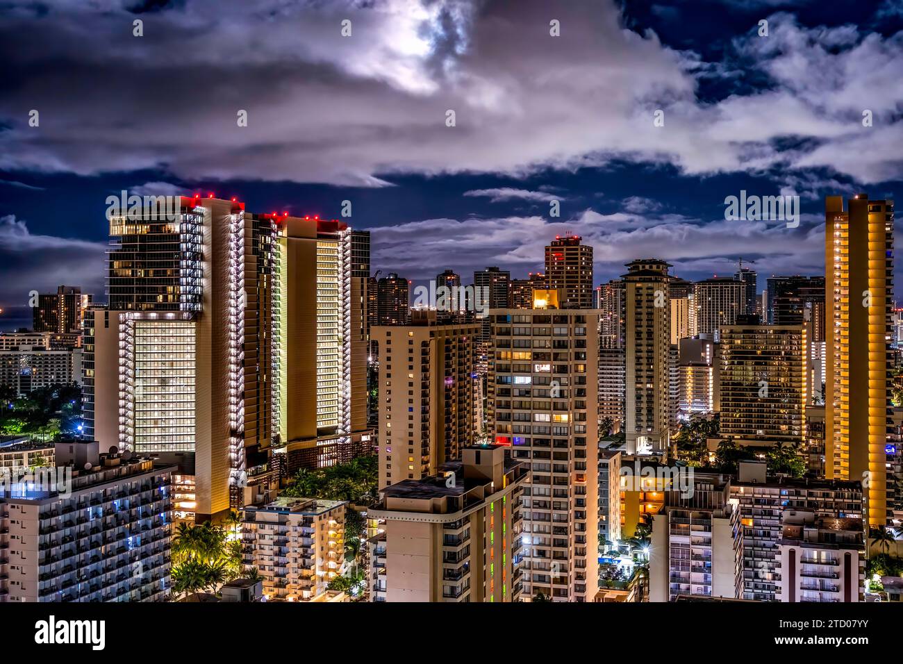 Colorful Night Illuminated Hotels Buildings Moon Waikiki Honolul Stock ...