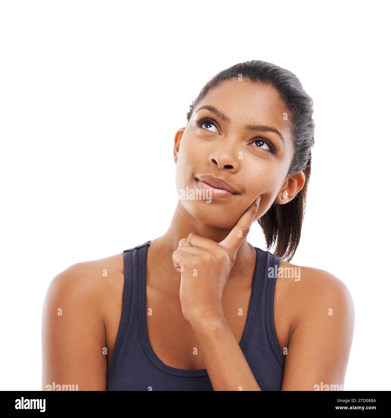 Face, fitness and thinking with a young woman in studio isolated on a ...