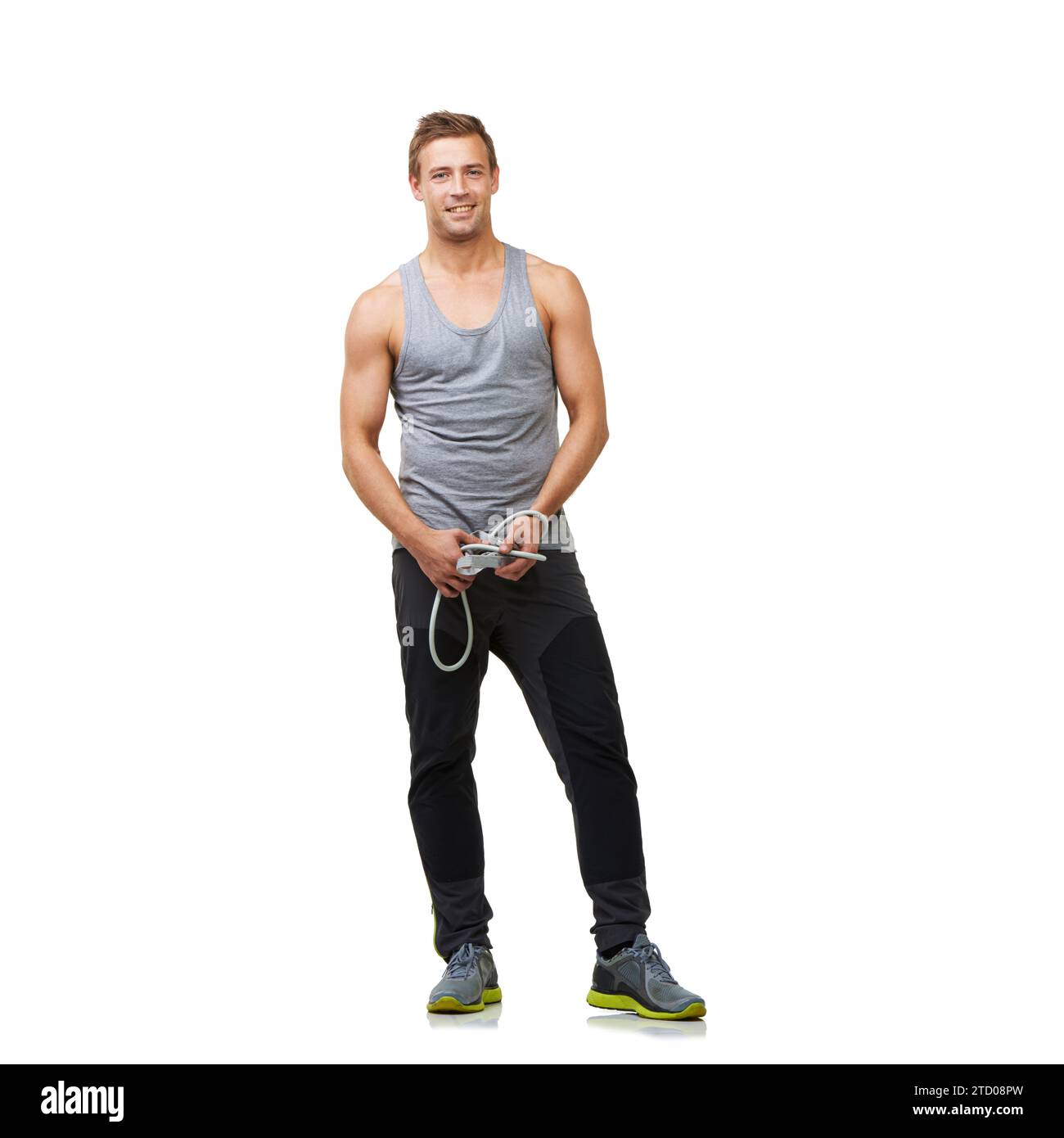 Strong, portrait and man by resistance band in studio, gym mockup and ...