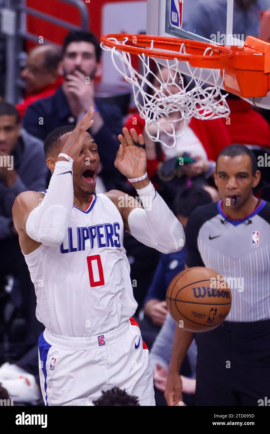 Los Angeles Clippers' Russell Westbrook celebrates after dunking during ...