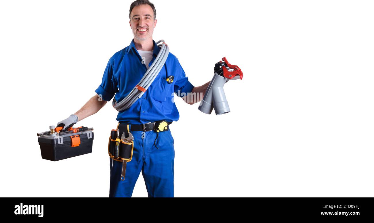 Portrait of uniformed plumber with work tools in hands and white ...
