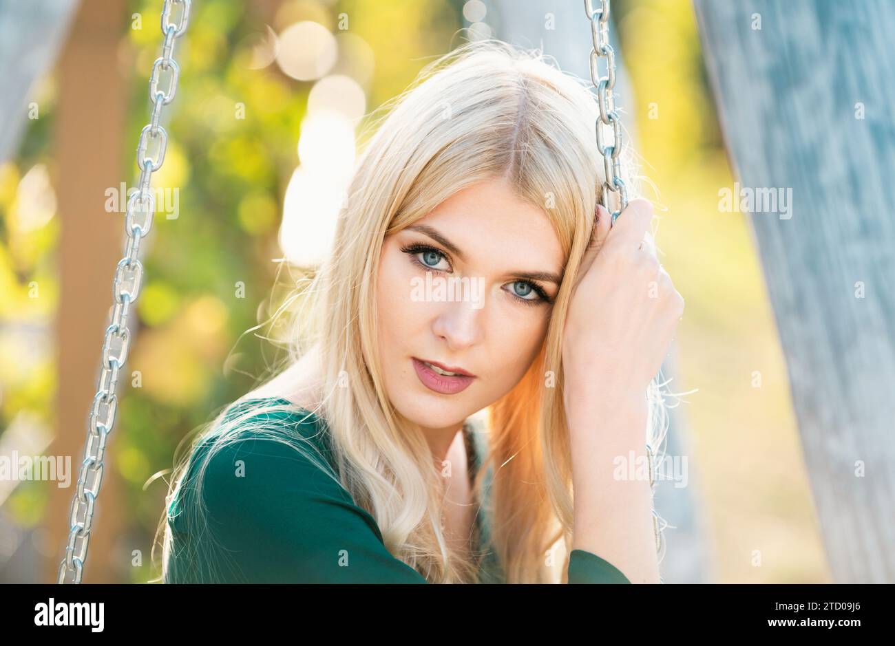 Portrait of beautiful thoughtful pensive woman. Outdoor portrait of a ...
