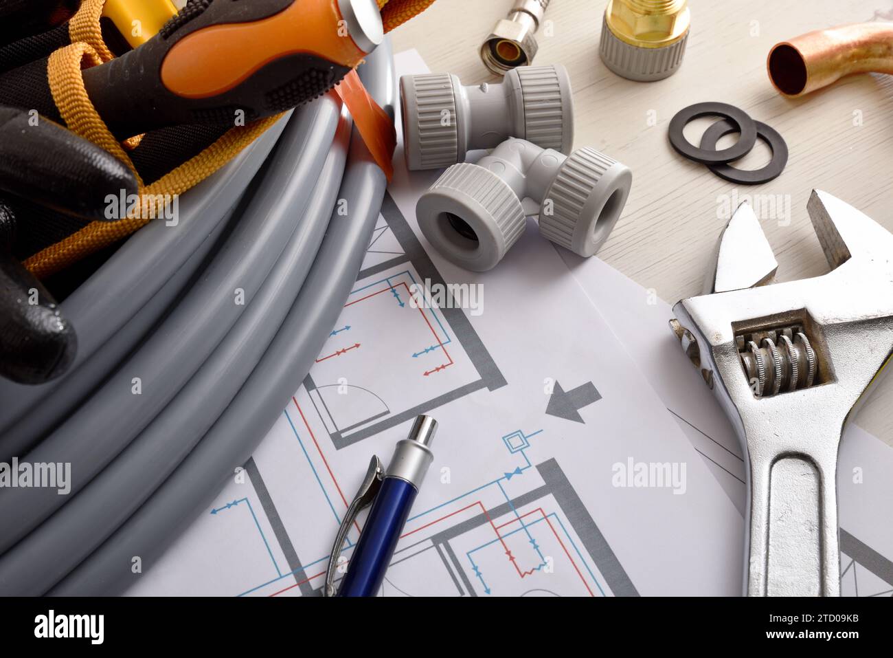 Home installation and renovation business with material and tools on a ...