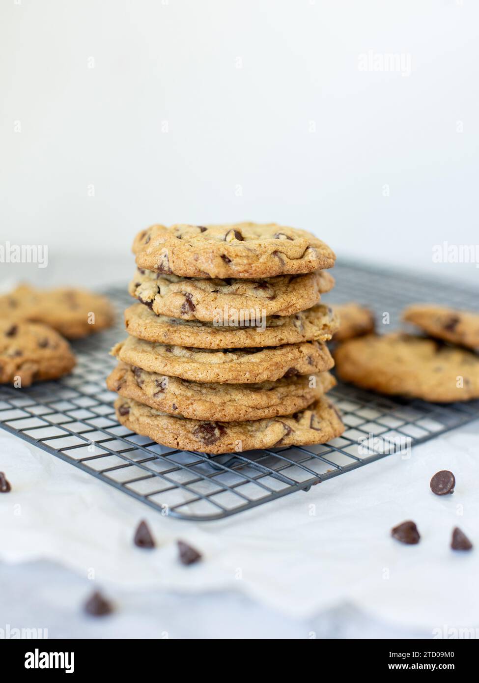 homemade chocolate chip cookies on white marble background Stock Photo ...