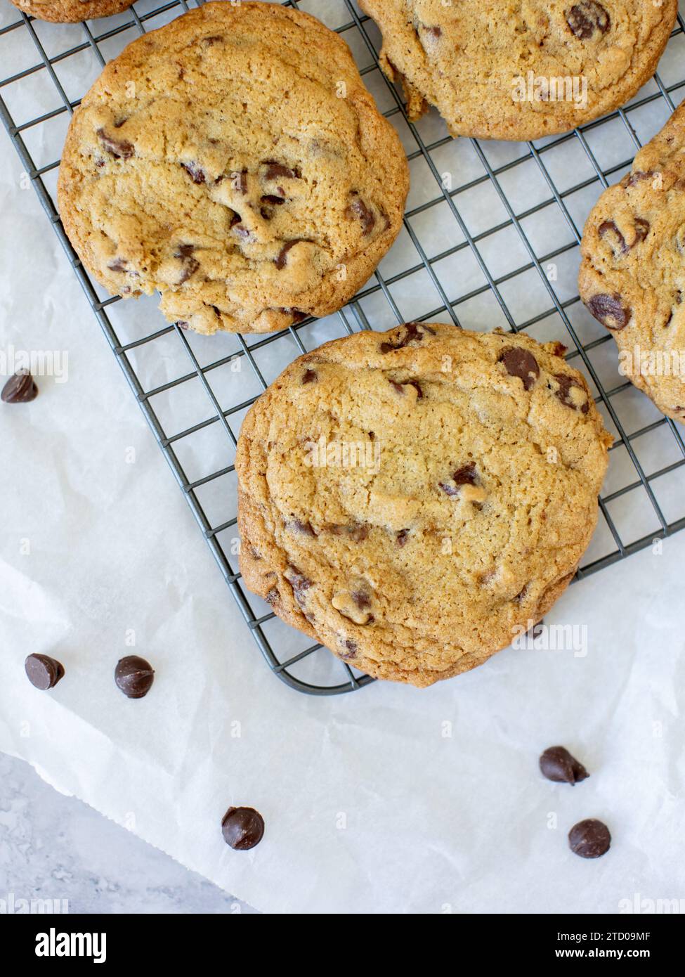 homemade chocolate chip cookies on white marble background Stock Photo ...