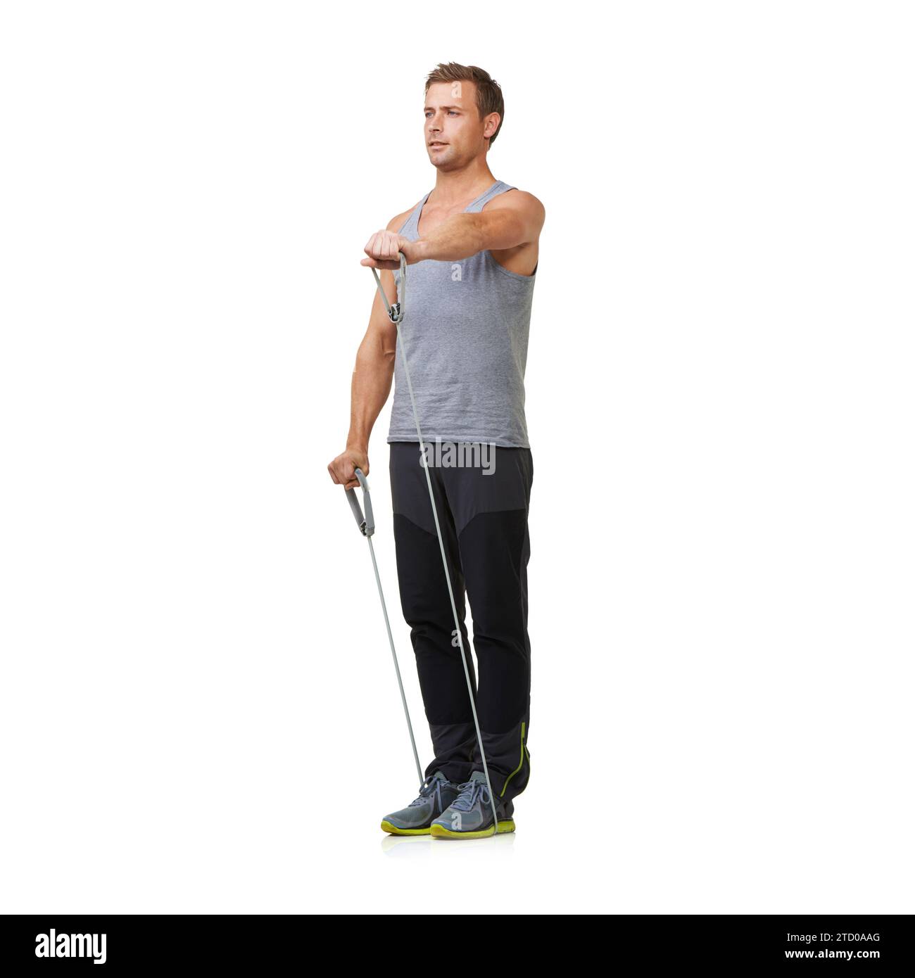 Training, man and resistance band for health in studio, gym and biceps ...