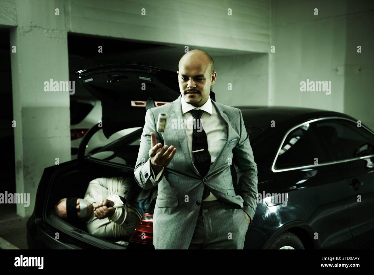 Man in trunk of car, kidnapping and thief with money, danger and ...