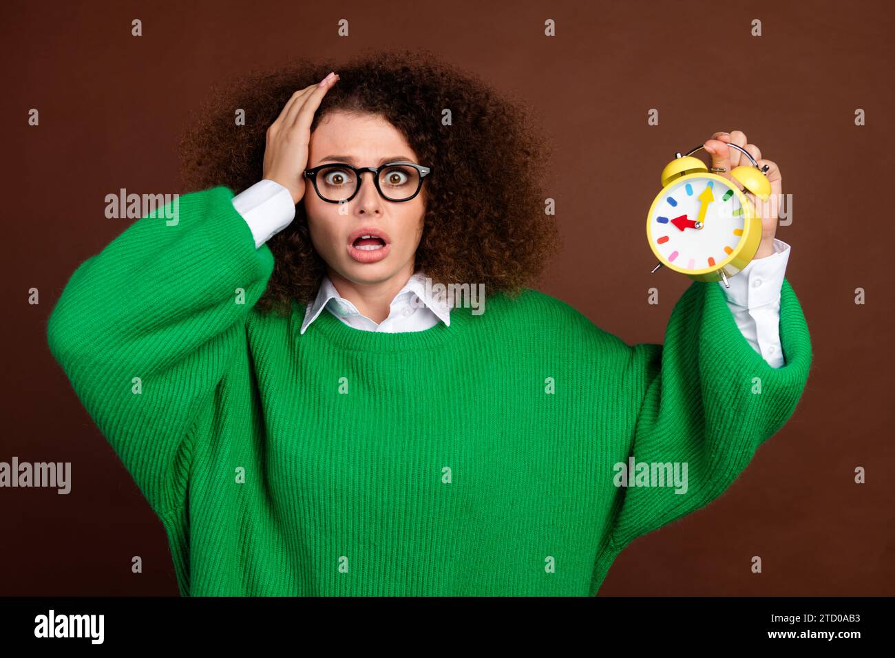 Portrait of worried stunned person hand touch head open mouth stare ...