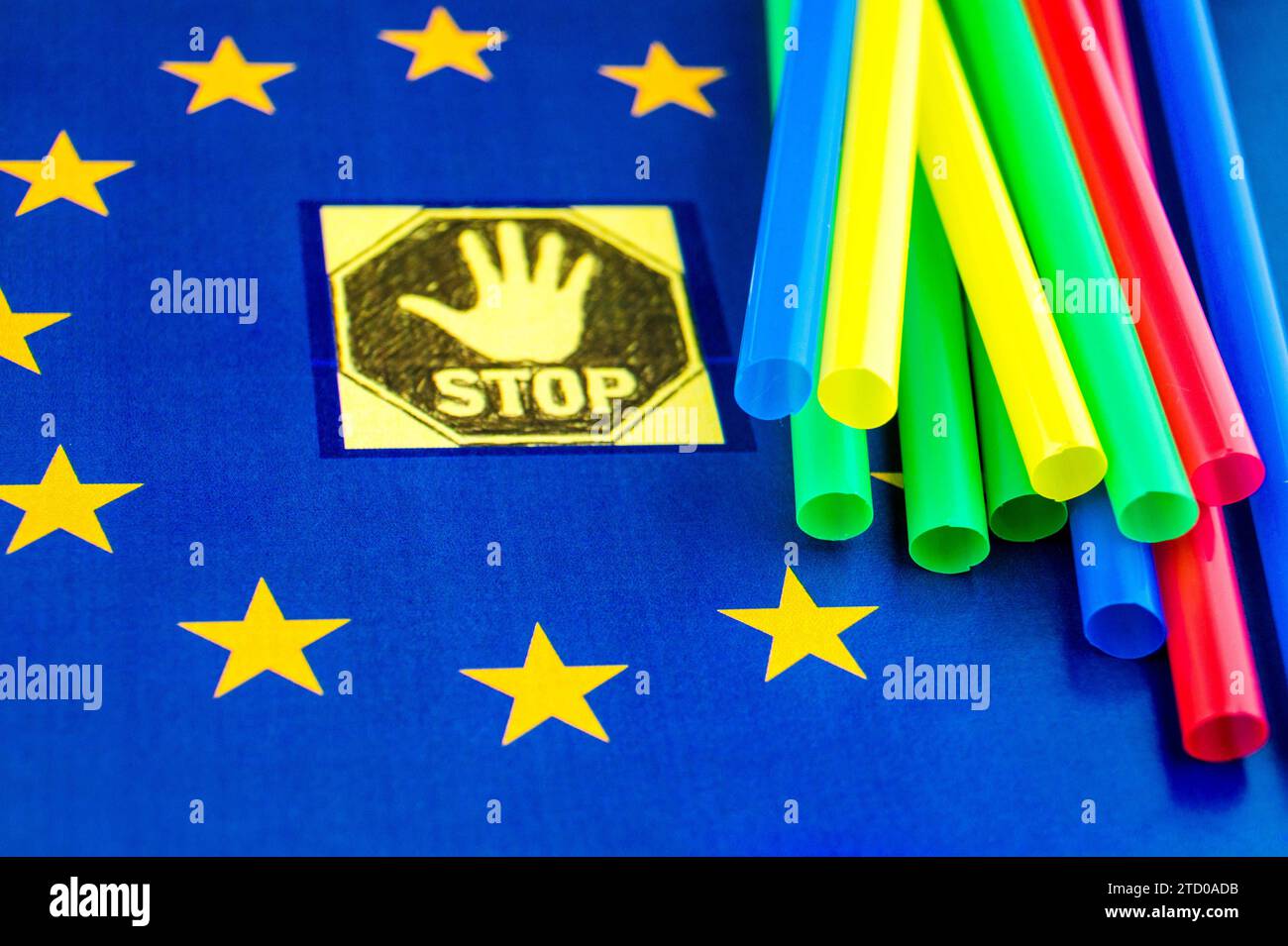 Plastic straws on European flag with stop sign, ban on plastic in the ...