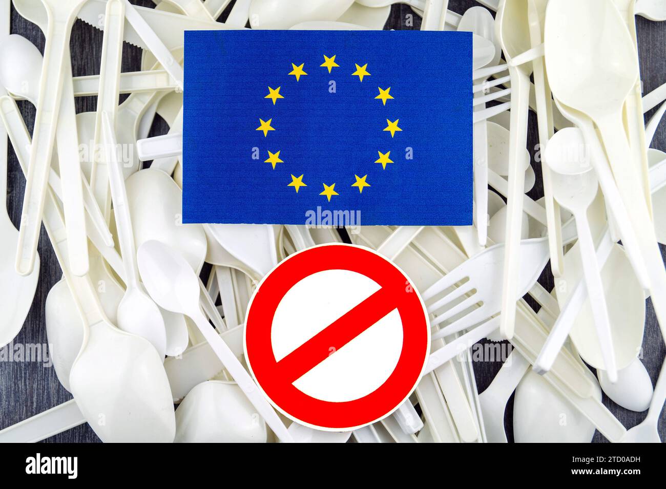 Plastic cutlery with prohibition sign and EU flag, symbolic image for ...