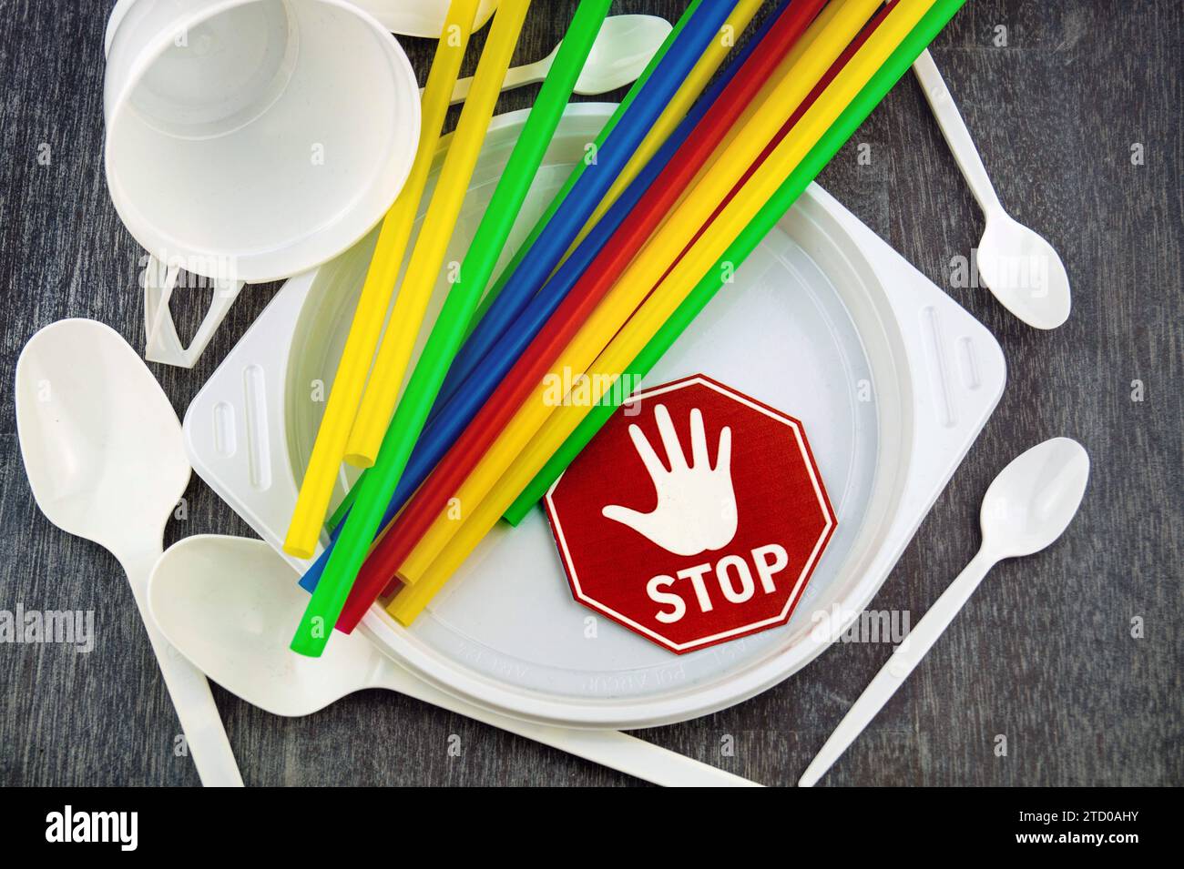 Plastic straws and tableware with stop sign, ban on plastic in the EU ...