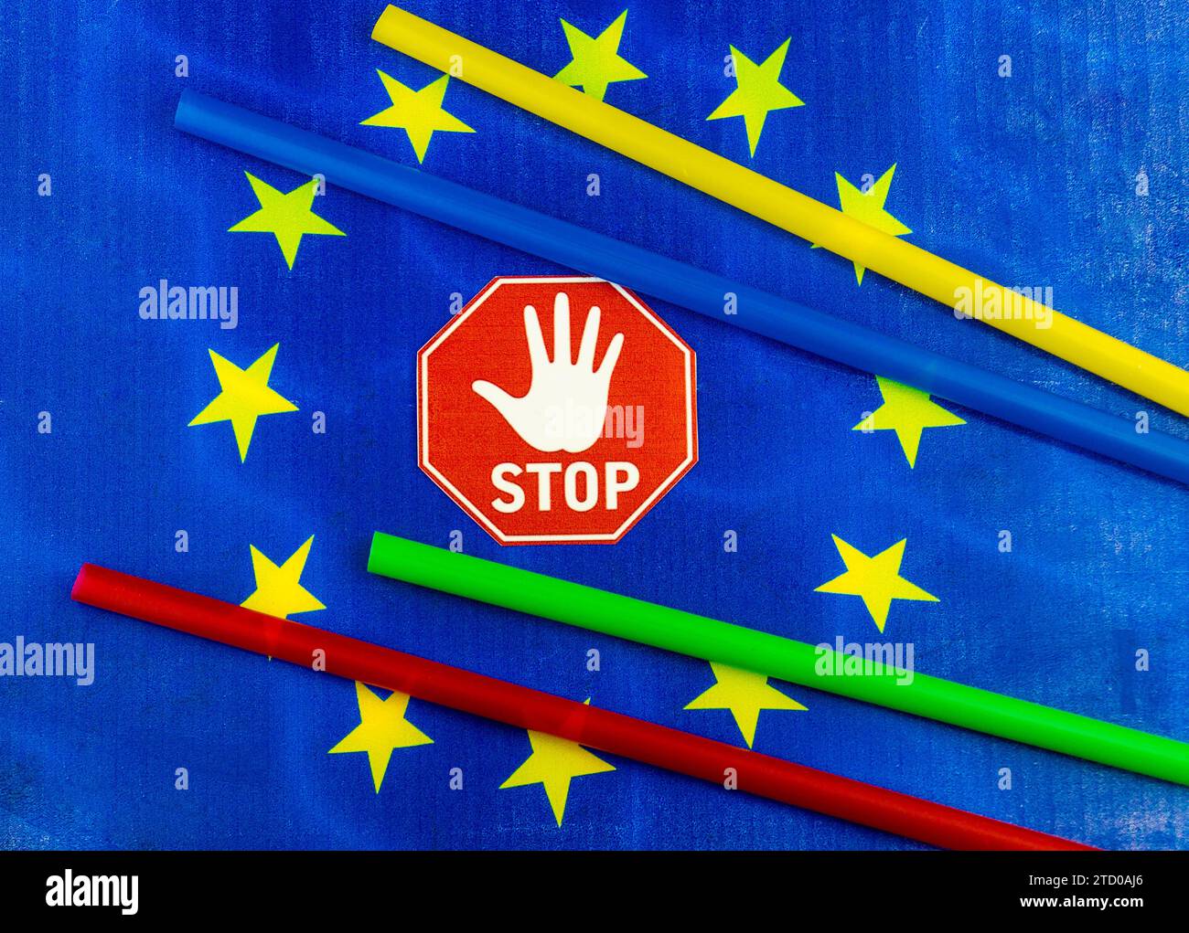 Plastic straws on European flag with stop sign, ban on plastic in the ...