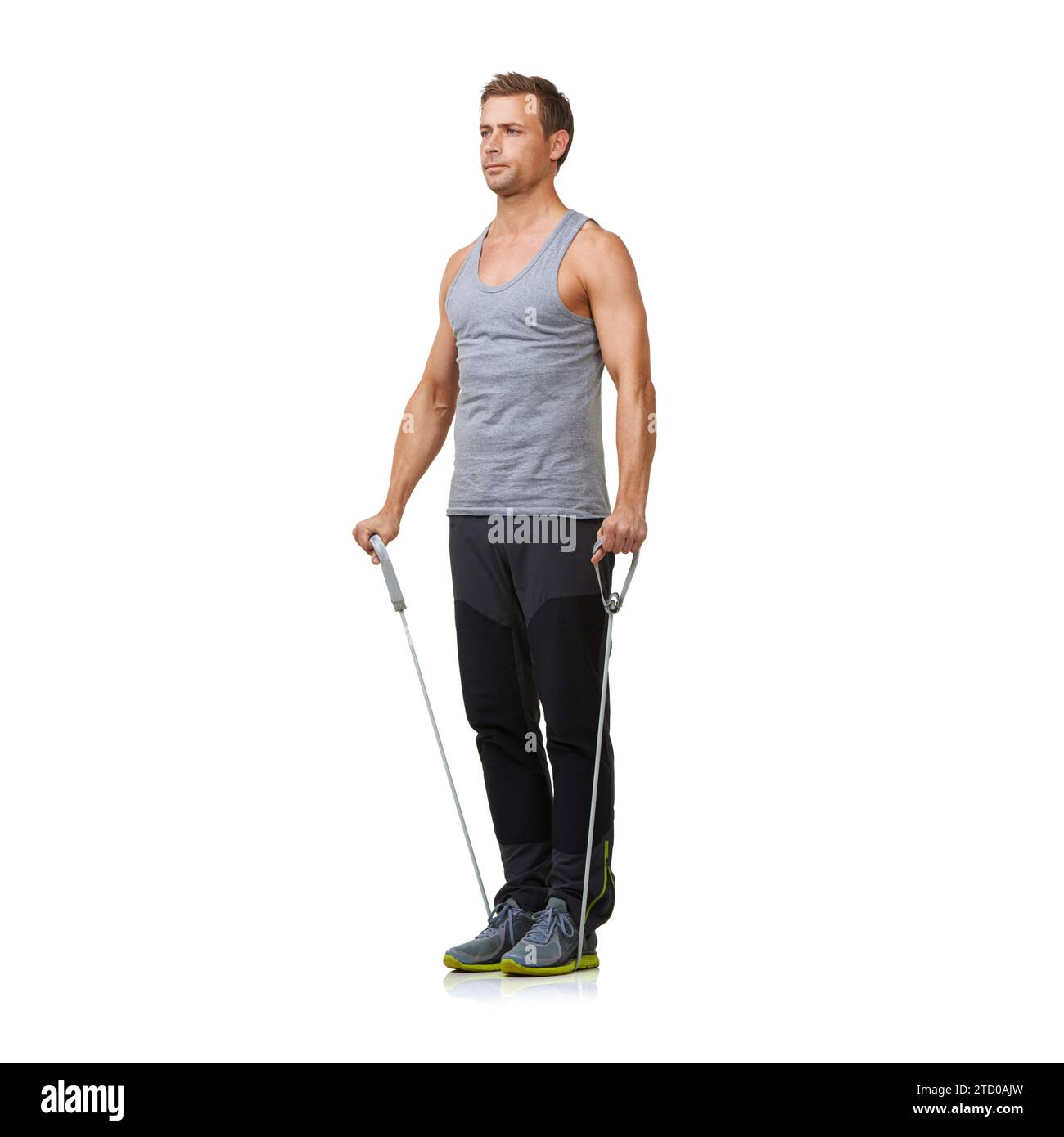 Strong, man and resistance band to workout in studio, gym and biceps ...