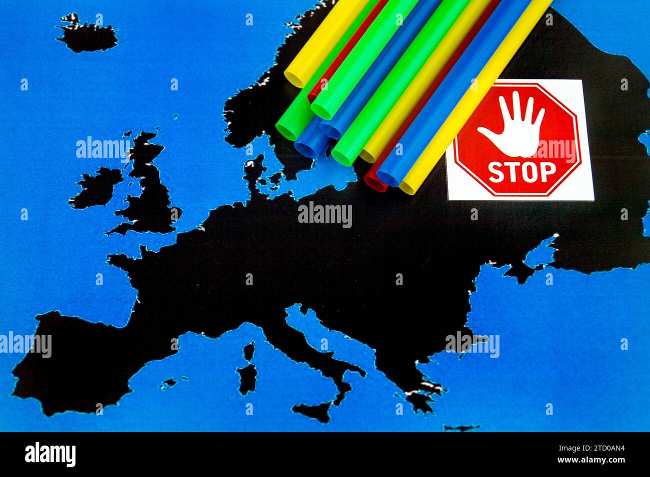 Plastic straws on map of Europe with stop sign, ban on plastic in the ...
