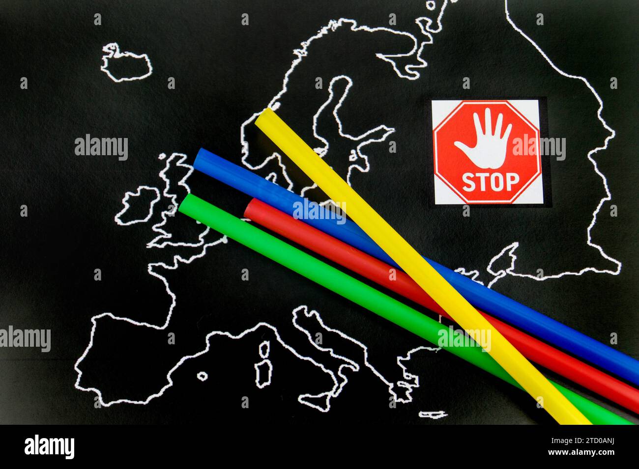 Plastic straws on map of Europe with stop sign, ban on plastic in the ...