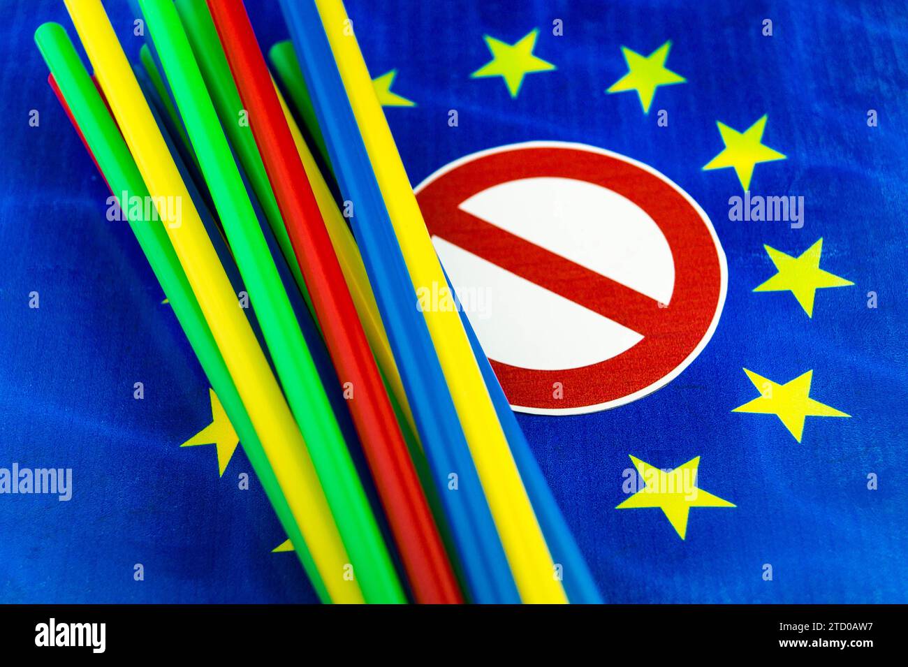 Plastic straws on European flag with prohibition sign, ban on plastic ...