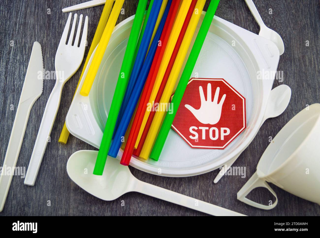 Plastic straws and tableware with stop sign, ban on plastic in the EU ...