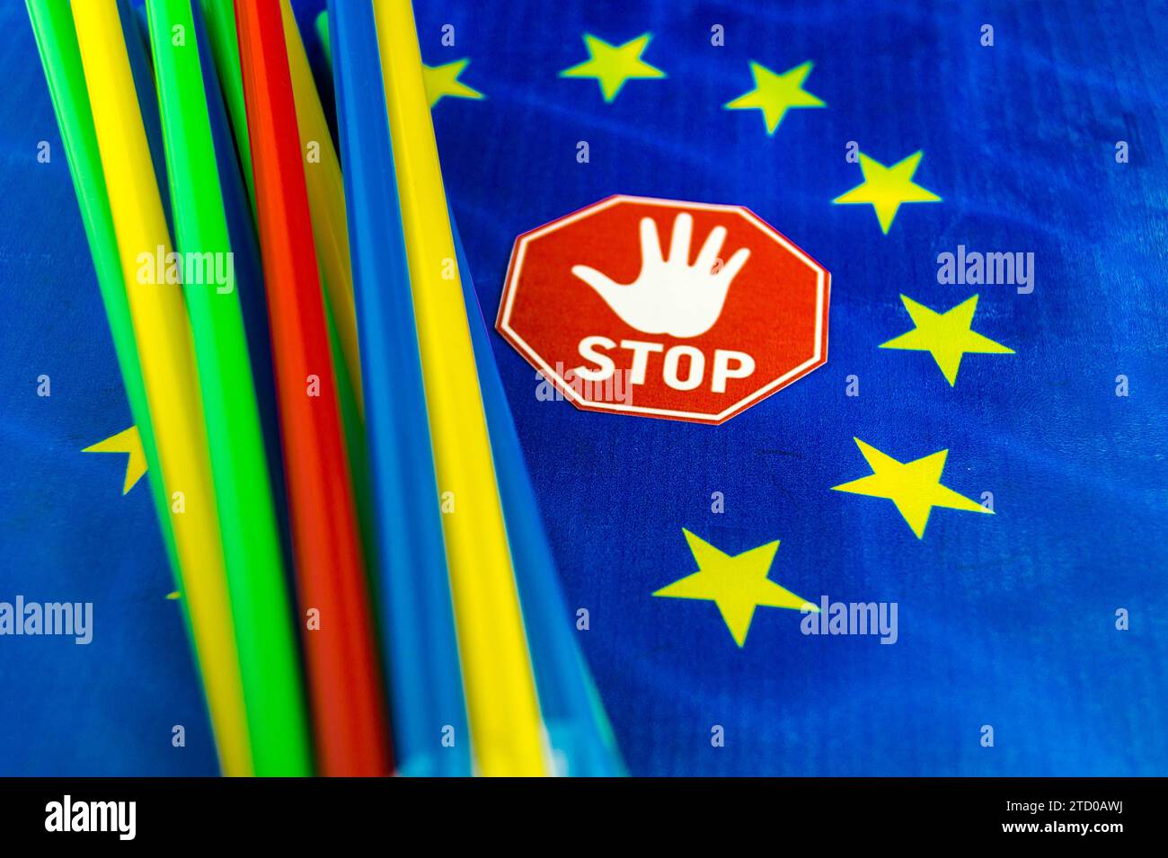 Plastic straws on European flag with stop sign, ban on plastic in the ...