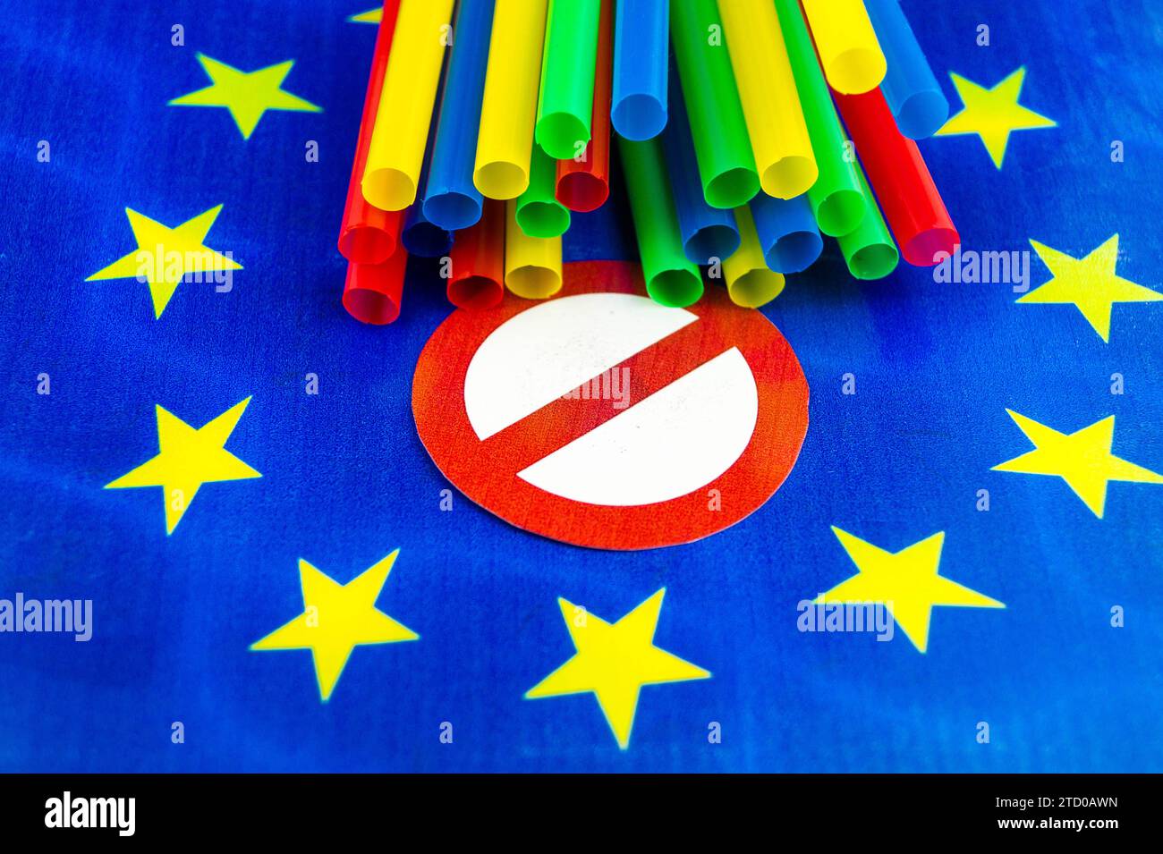 Plastic straws on European flag with prohibition sign, ban on plastic ...
