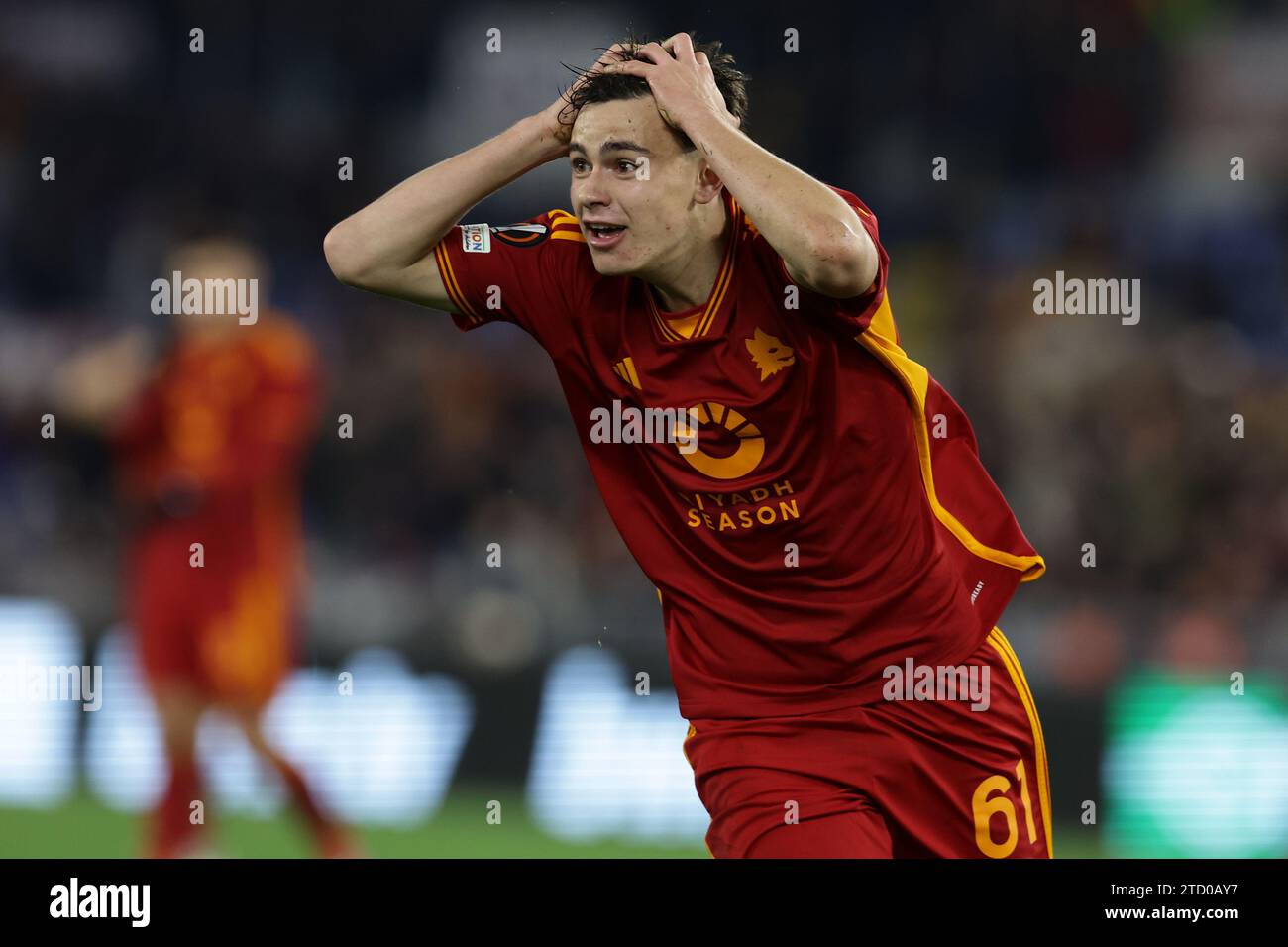 Roma’s Italian midfielder Niccolo Pisilli celebrates after scoring a ...