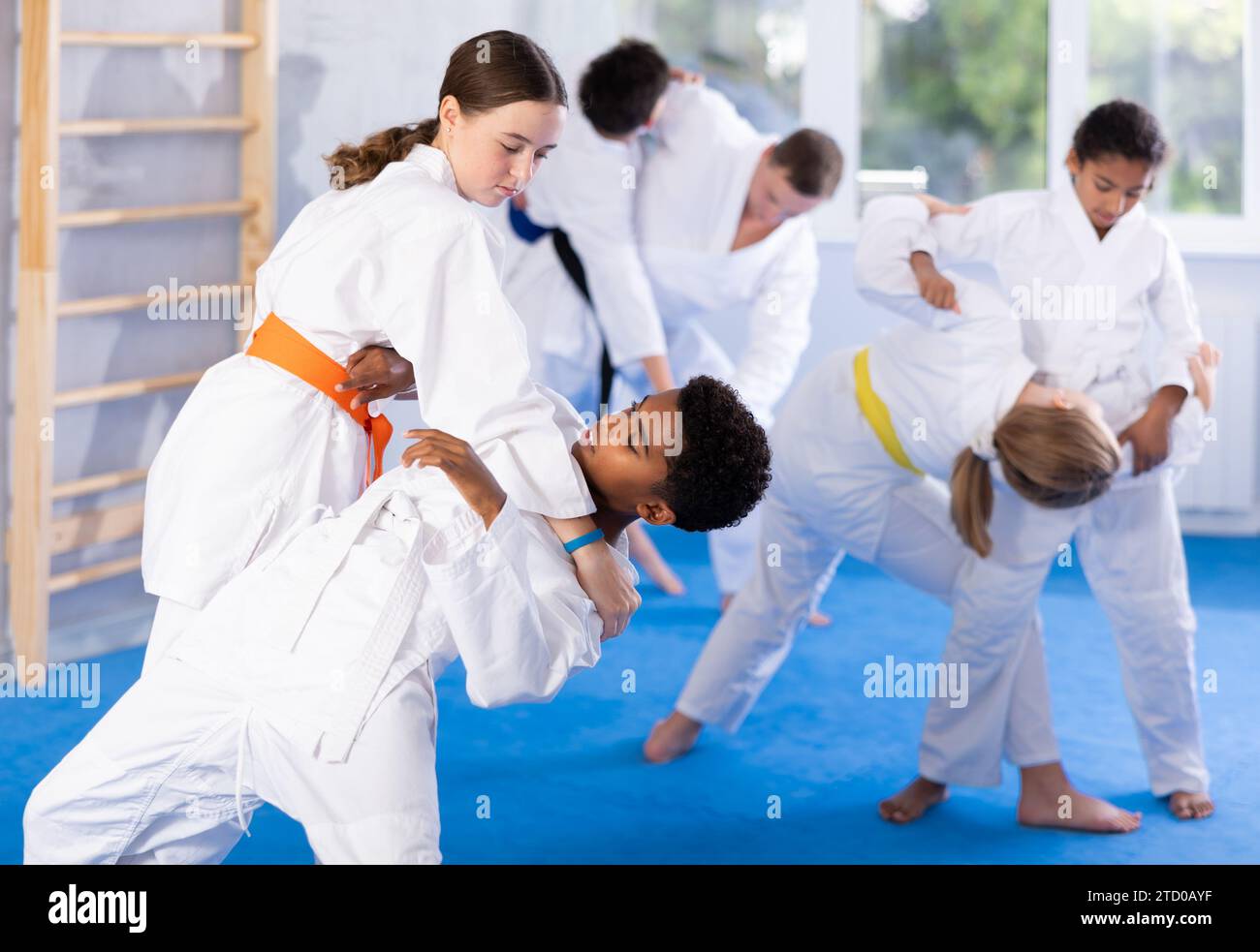 Boy and girl training judo technique Stock Photo - Alamy