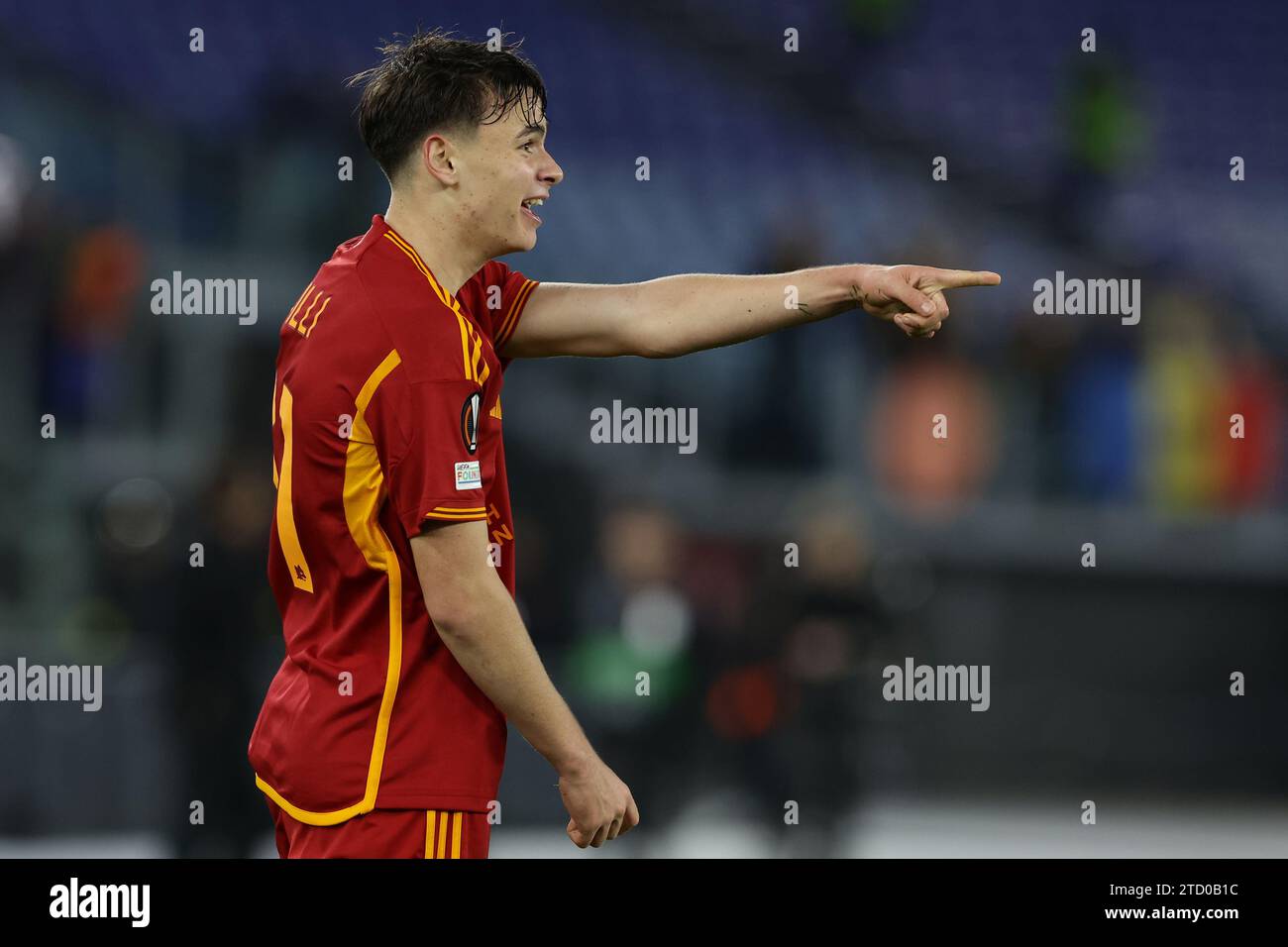 Roma’s Italian midfielder Niccolo Pisilli celebrates after scoring a ...