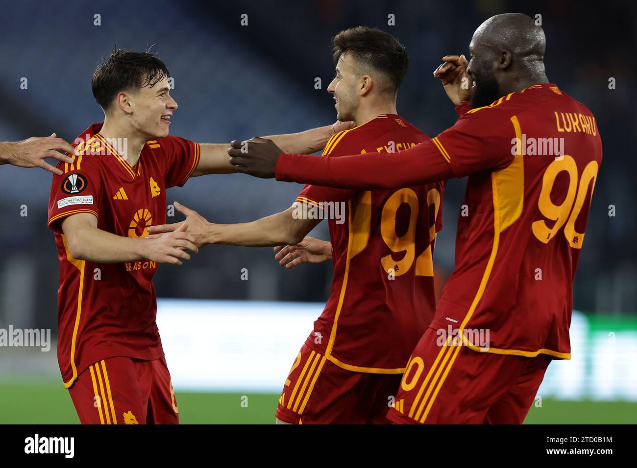 Roma’s Italian midfielder Niccolo Pisilli celebrates after scoring a ...