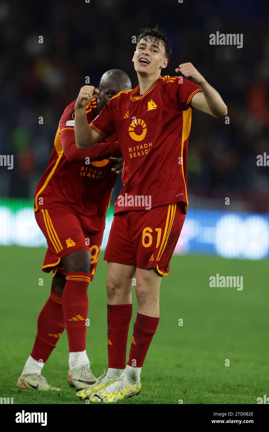 Roma’s Italian midfielder Niccolo Pisilli celebrates after scoring a ...